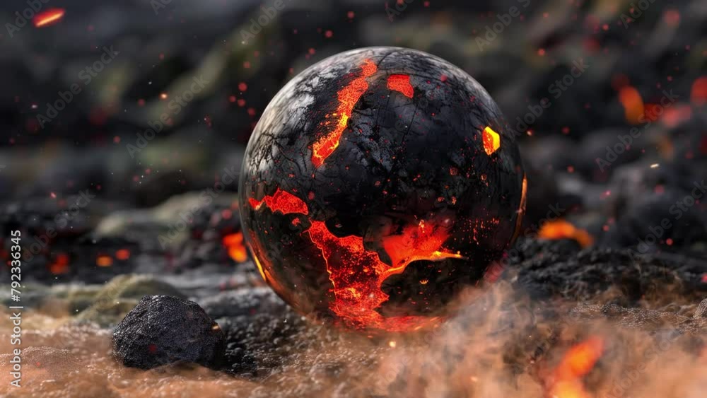 realistic render of a black spherical shape with lava material ...