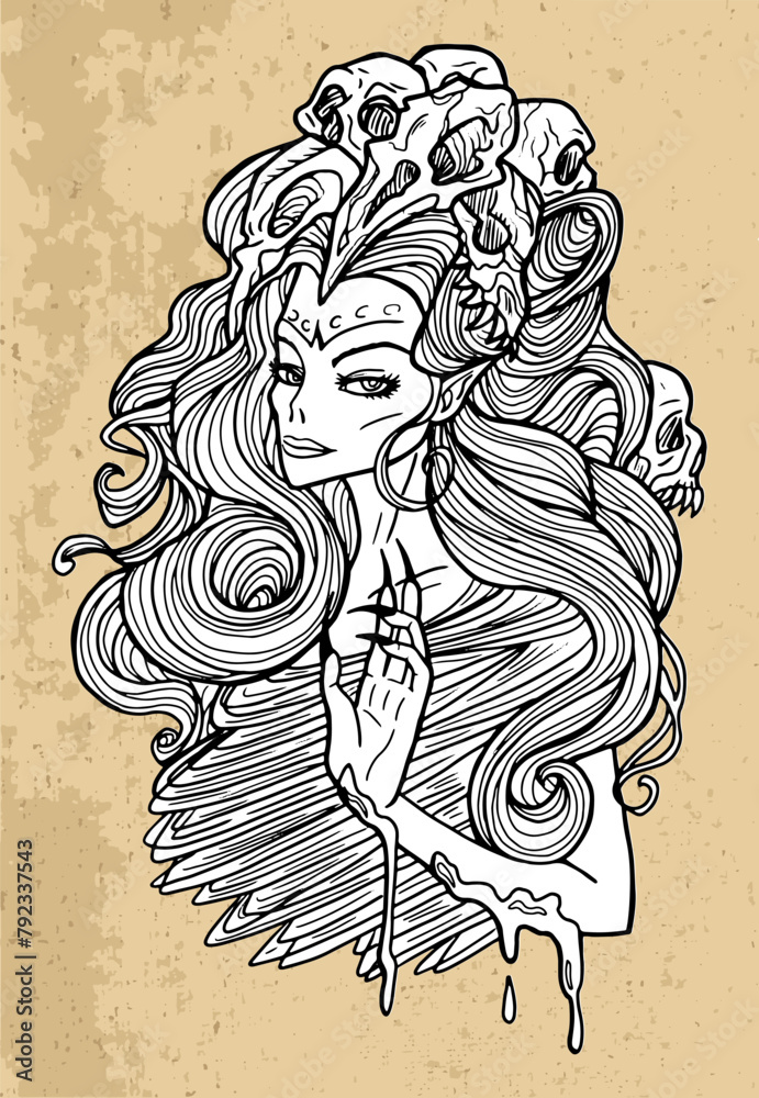 Scary fantasy engraved illustration with beautiful woman as demon with ...