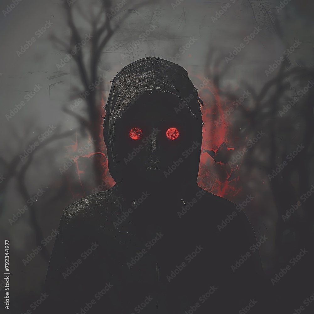 Craft a Frontal View image in Minimalist style, featuring a haunting ...