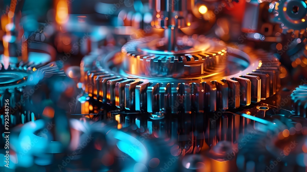 Close-up of Machine Gears ; science and technology light reflection ...