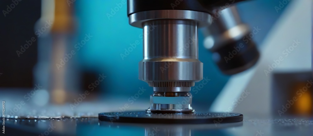 A close up of specimen stage, lenses, and slide of a laboratory ...