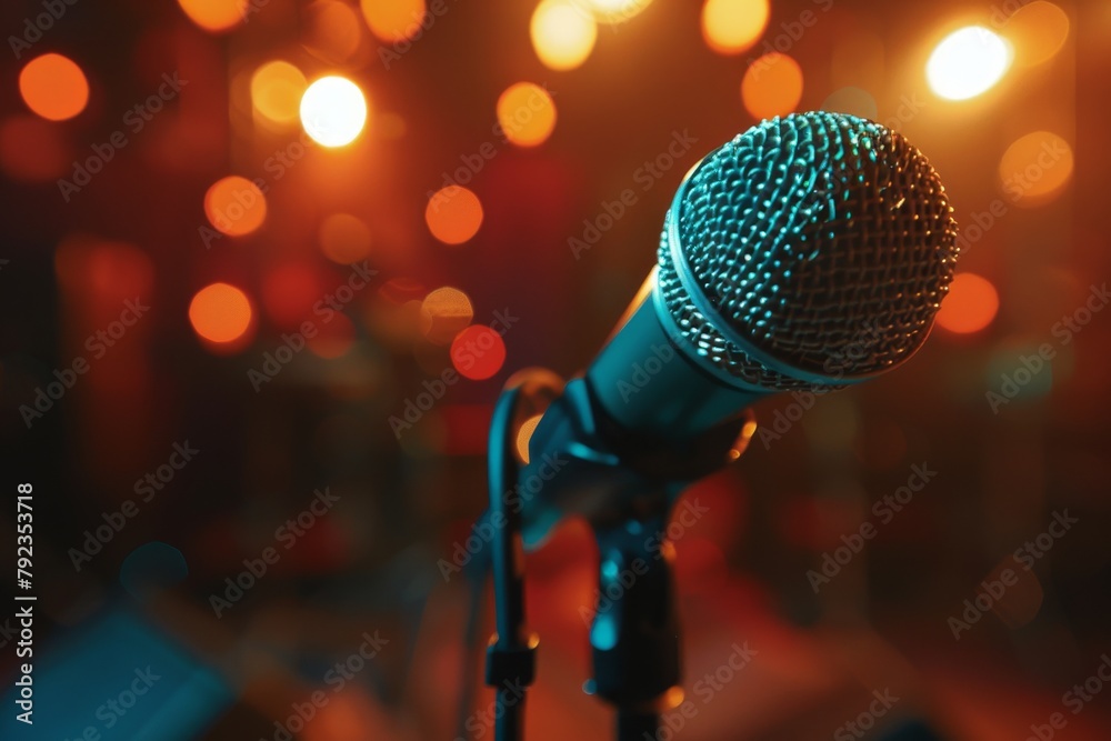 Microphone on stage in blurry audience room background Stock Photo ...