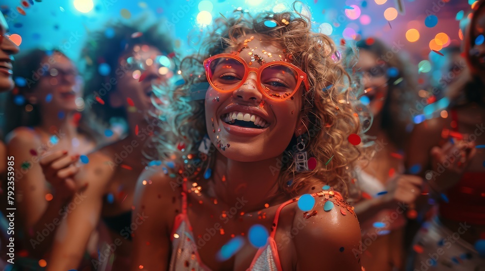 Lots of people dancing at an 80's style party with confetti. Have fun ...