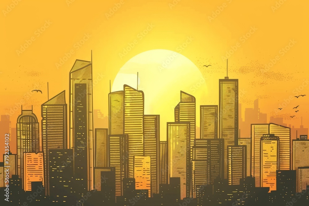 Cartoon cute doodles of a city skyline, with buildings and skyscrapers ...