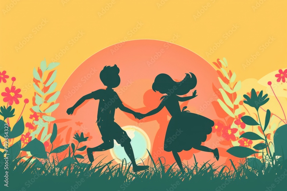 Cartoon cute doodles of a couple dancing in a meadow, with the sun ...