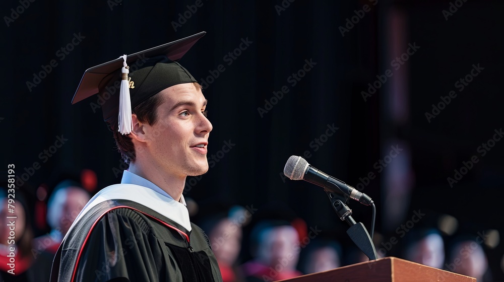 Valedictorian young student man giving graduation speech to other ...
