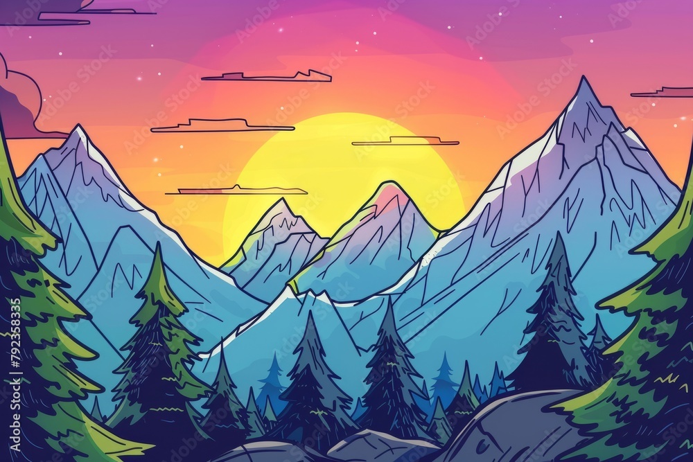 Cartoon cute doodles of a mountain range, with jagged peaks and pine ...