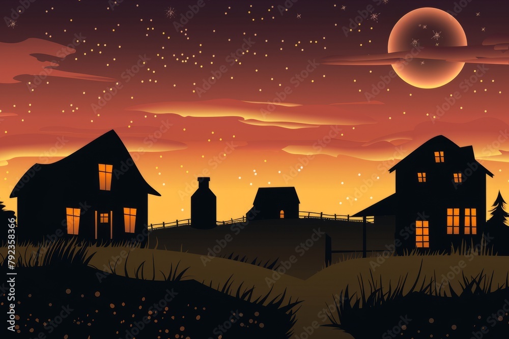 Cartoon cute doodles of a rural farmhouse, with the silhouette of the ...