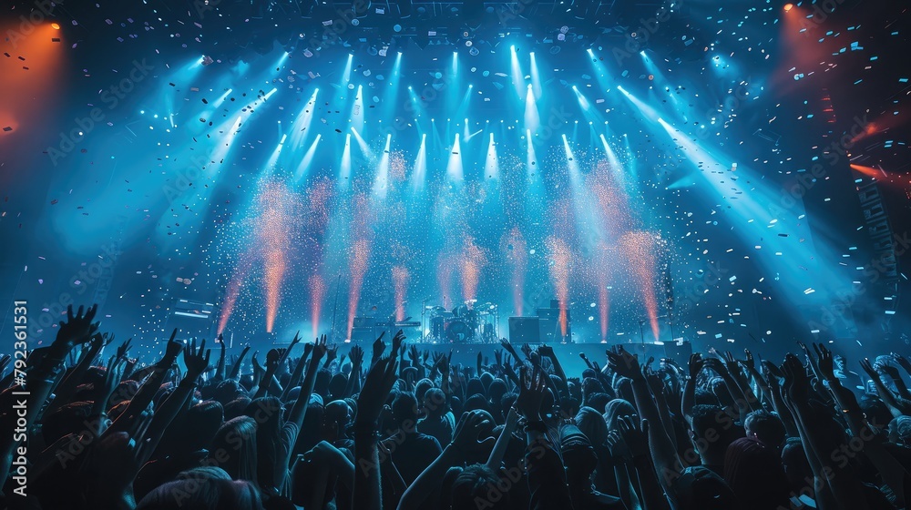 live rock concert party festival night club crowd cheering stage lights ...