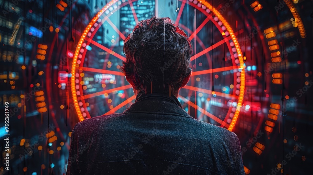 businessman aims arrow at a virtual target dartboard precision in ...