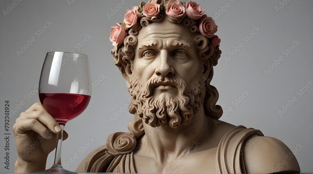 Greek bust of the god Dionysus wearing rose-colored glasses with a ...