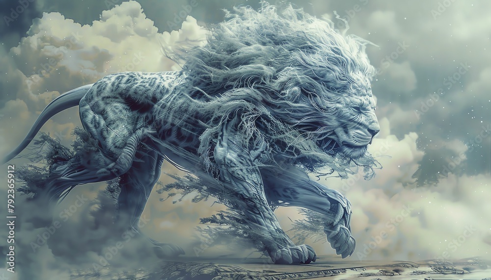 Design a digital composition showcasing a mythical beast symbolizing ...