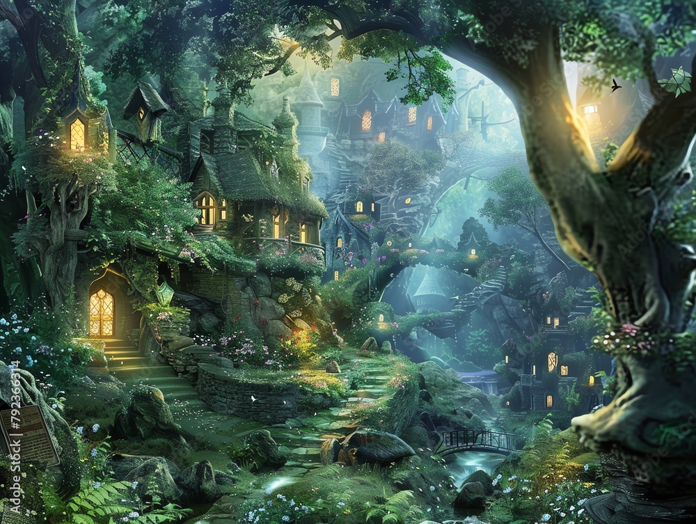 Imagine a digitally rendered enchanted forest with hidden educational ...