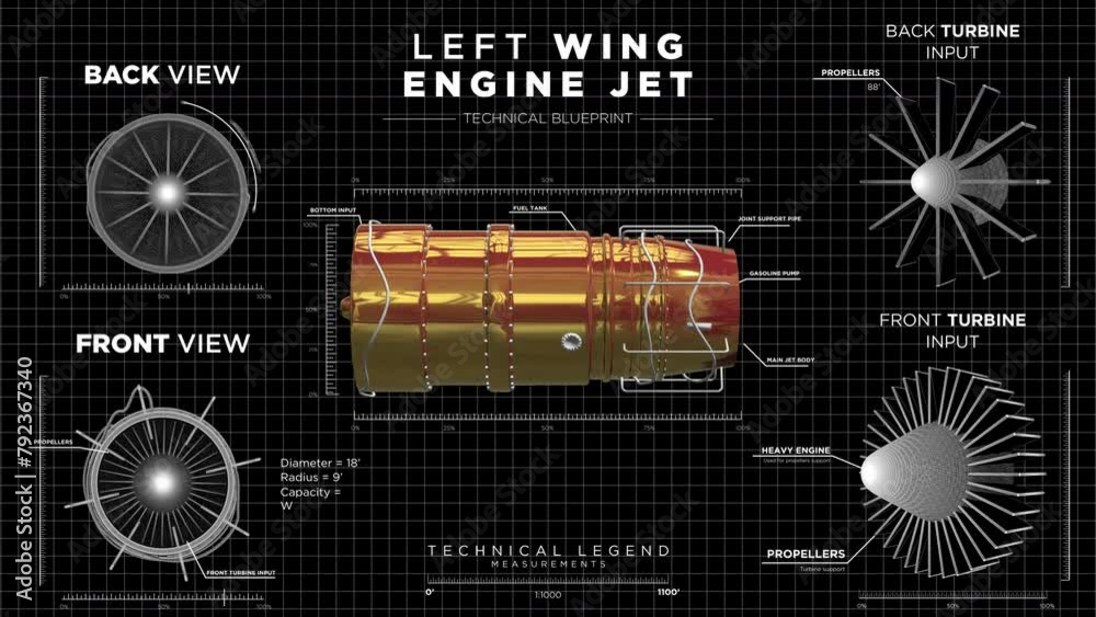 Vidéo Stock display hud of left wing jet engine with blueprints on ...