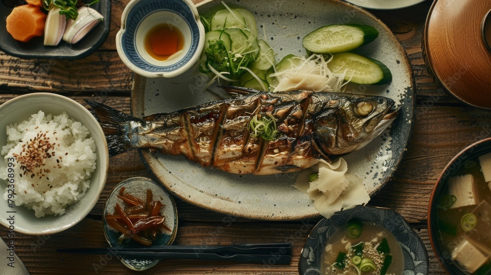 A classic Japanese teishoku set meal with grilled fish, rice, pickles ...