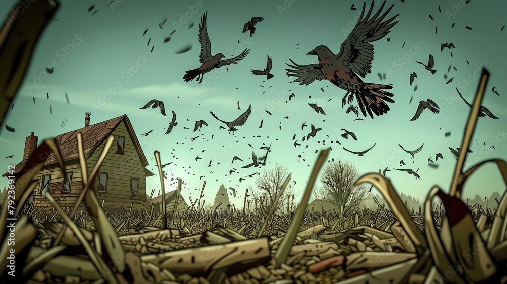 From a wide angle, a flock of birds descends upon a field, their ...