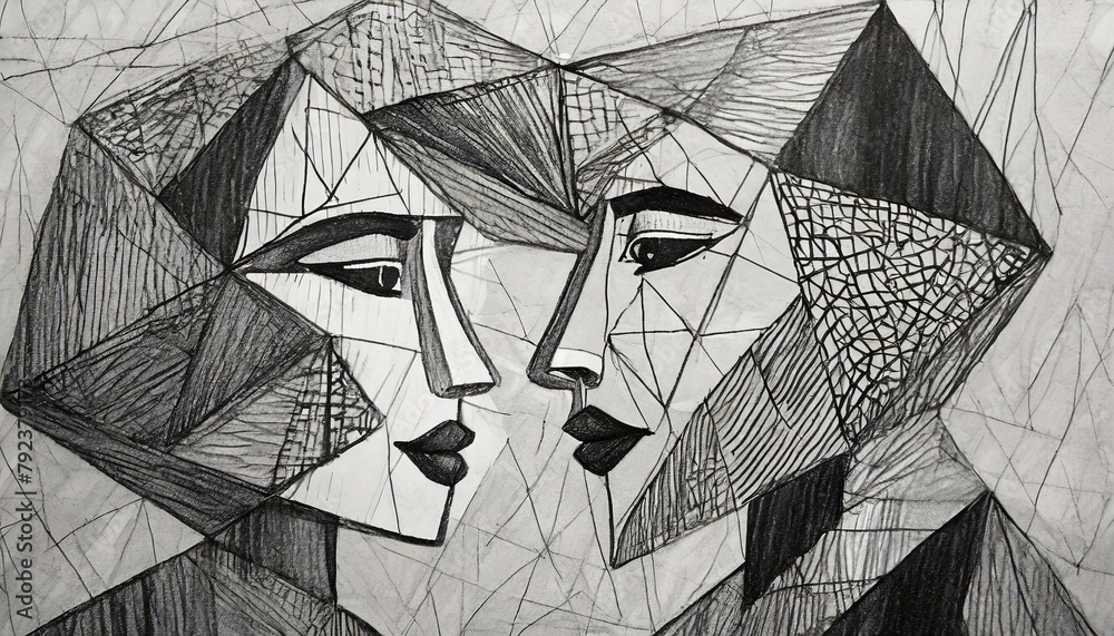 portrait of a person,Cubist style collage of two faces cut and glued ...