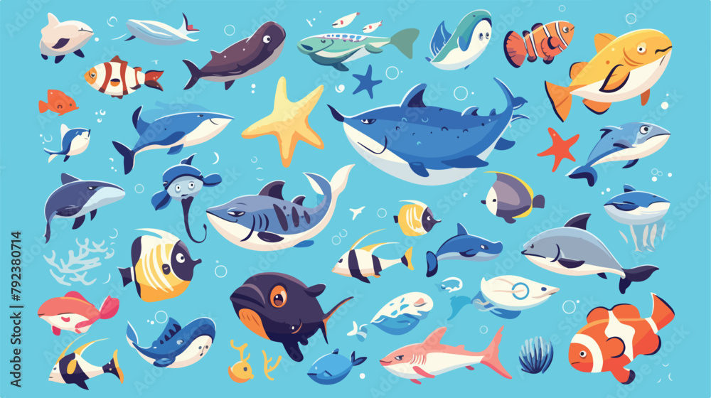 Set of cartoon sea animals fish. Life in ocean coll Stock Vector ...