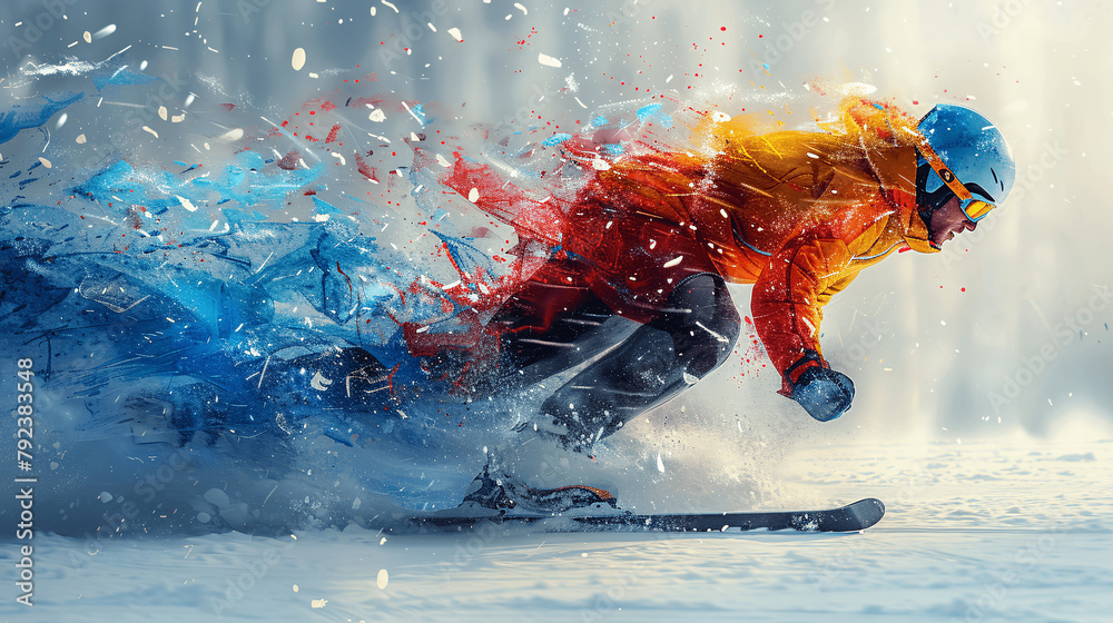 color illustration of a freestyle skier riding to the finish line ...