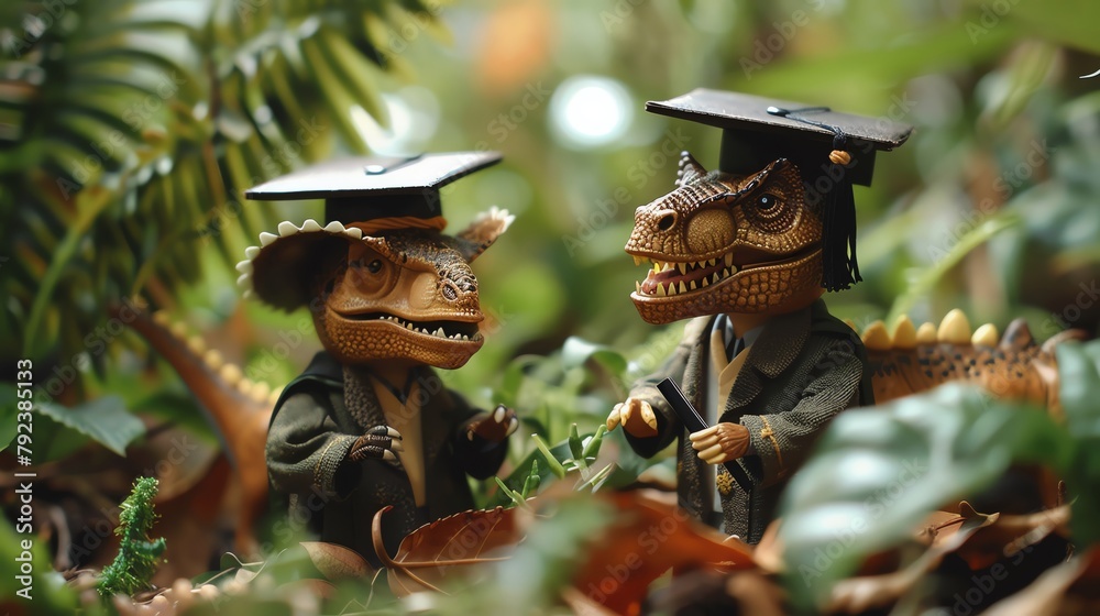 Mini cap and gown ceremony set in a prehistoric jungle with dinosaur ...