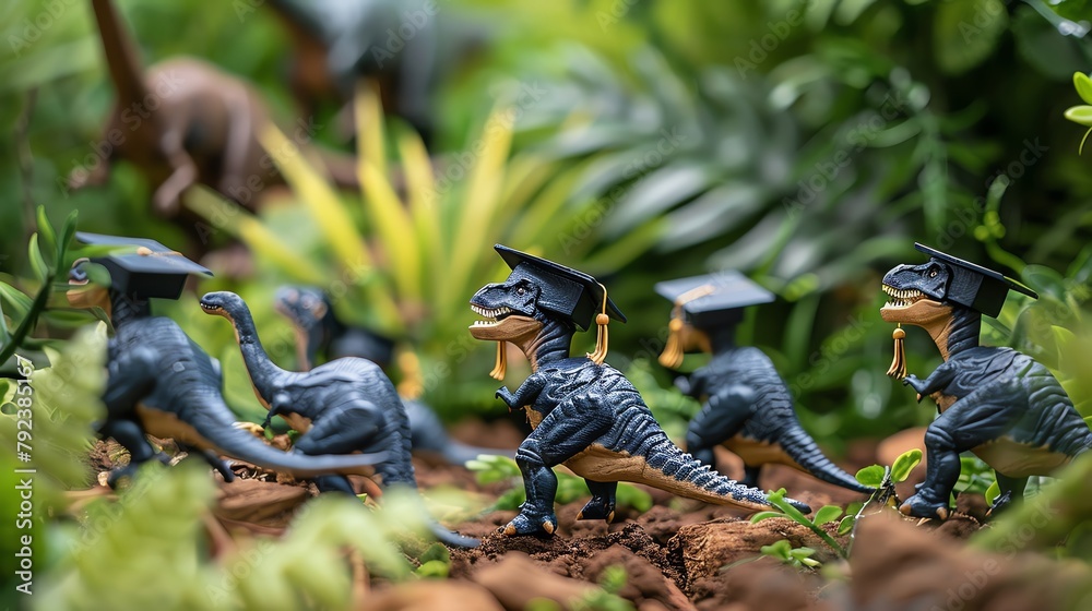 Mini cap and gown ceremony set in a prehistoric jungle with dinosaur ...
