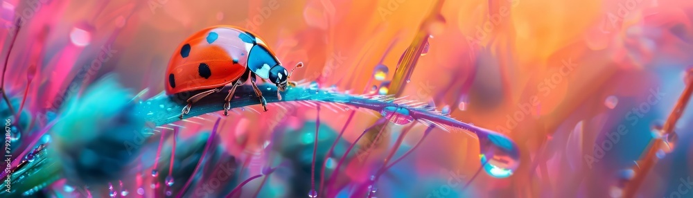 A tiny neon ladybug, its shell a vibrant neon orange with neon black ...