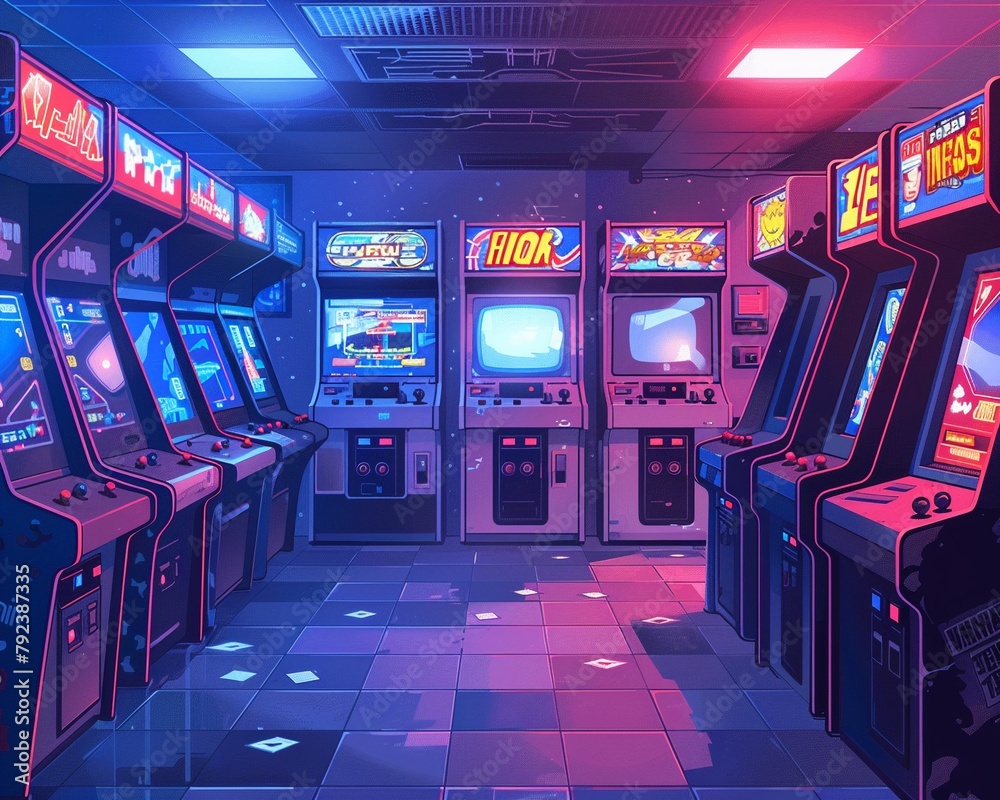 Retroinspired vector illustration of an arcade room from the 80s ...