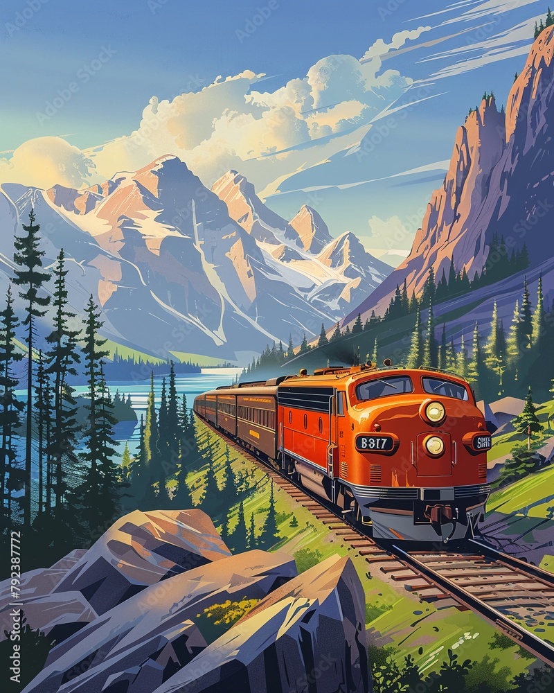 Vector illustration of a vintage train journey through the Rocky ...