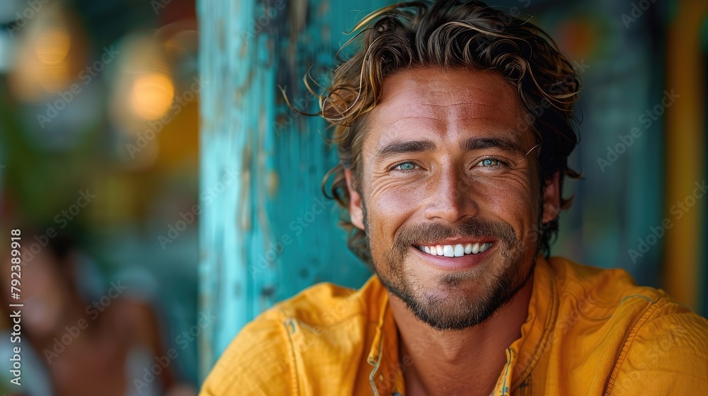 ultra handsome man smiling and laughing wearing bright clothes bright ...