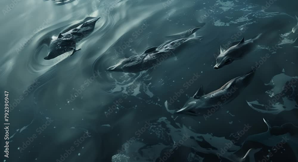 marine life suffocating in oil-polluted waters, casting dark shadows ...