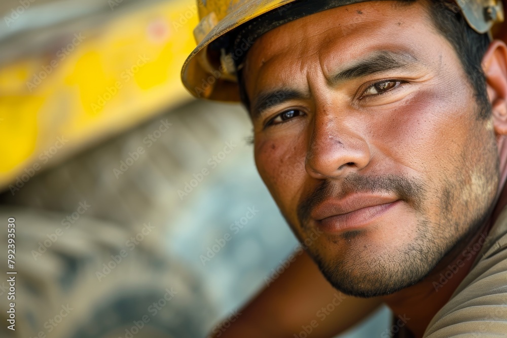 Latin American construction worker posing for a portrait making eye ...