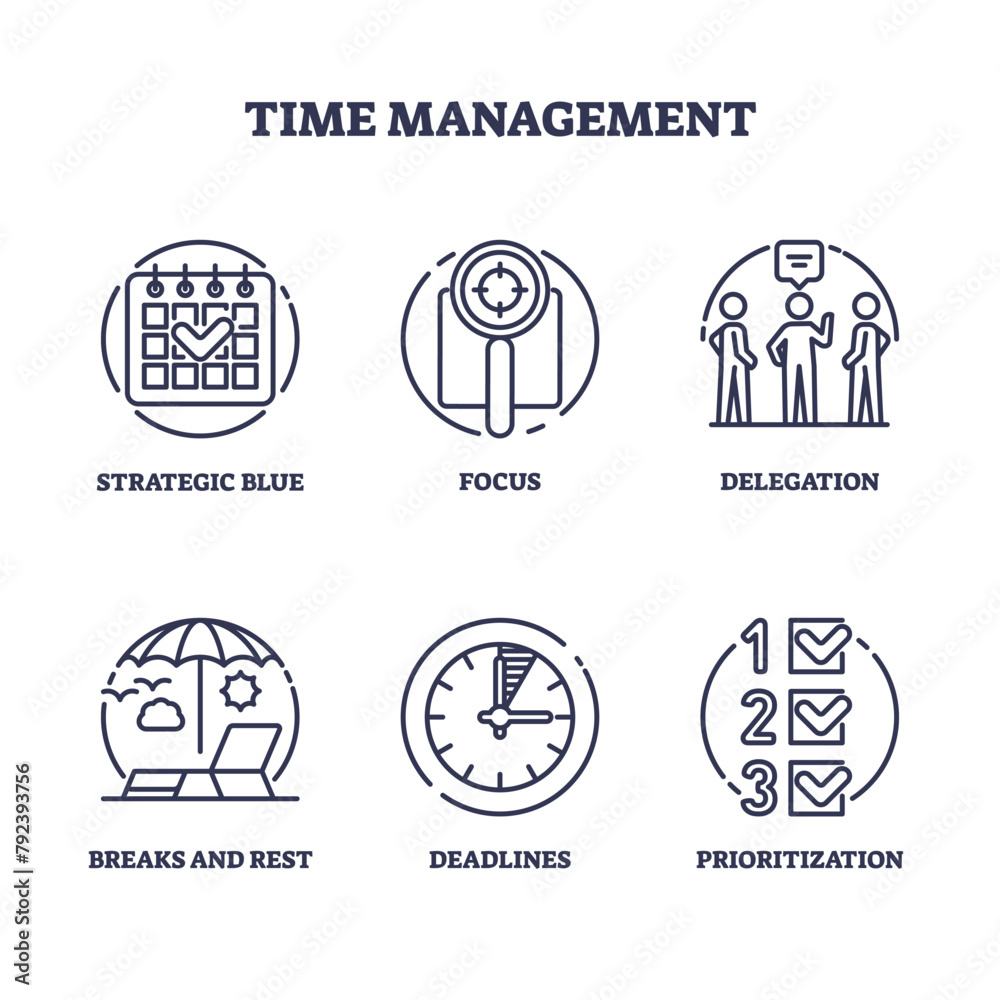 Time management strategy for effective team performance outline icons ...