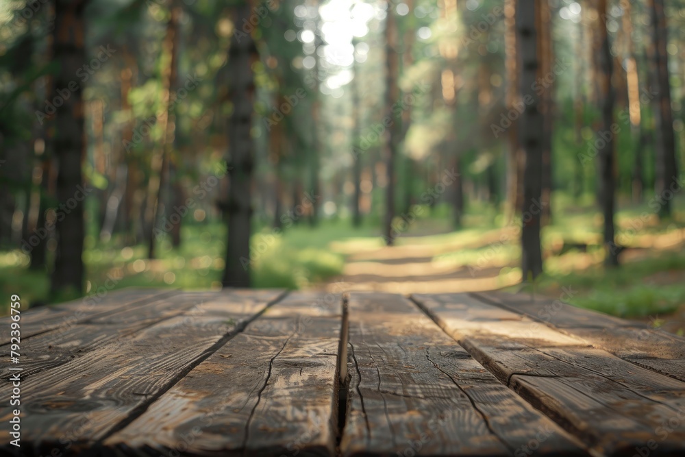 Beautiful blurred boreal forest background view with empty rustic ...