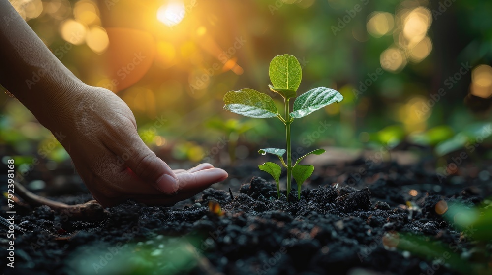 sunshine background green growing tree big holdig hand environment ...