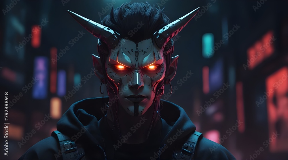 Oni mask sign pose cyberpunk anime boy head design.generative.ai Stock ...