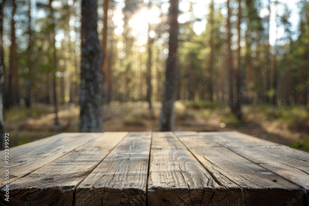 Beautiful blurred boreal forest background view with empty rustic ...