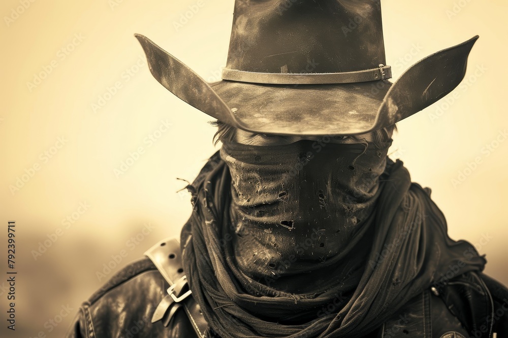 Outlaw bandit of the Old West donning a masked face and cowboy hat ...