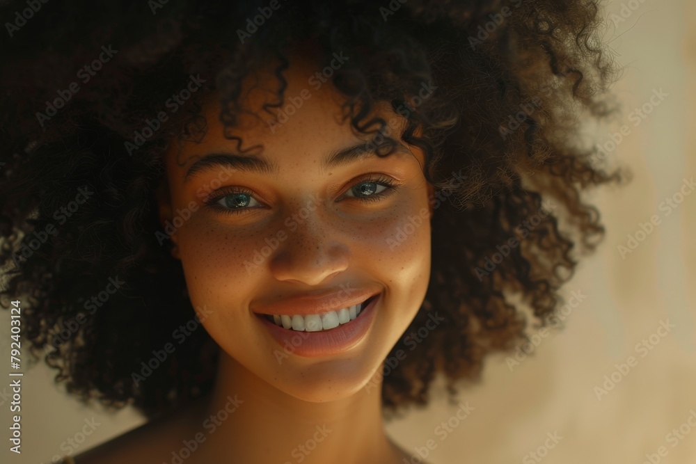 Portrait of an African American girl with clean healthy skin on a beige ...