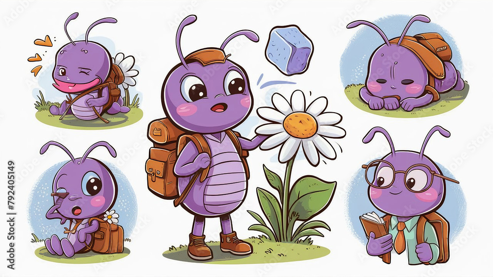 Cute purple ant cartoon character in different poses. Comic vector set ...
