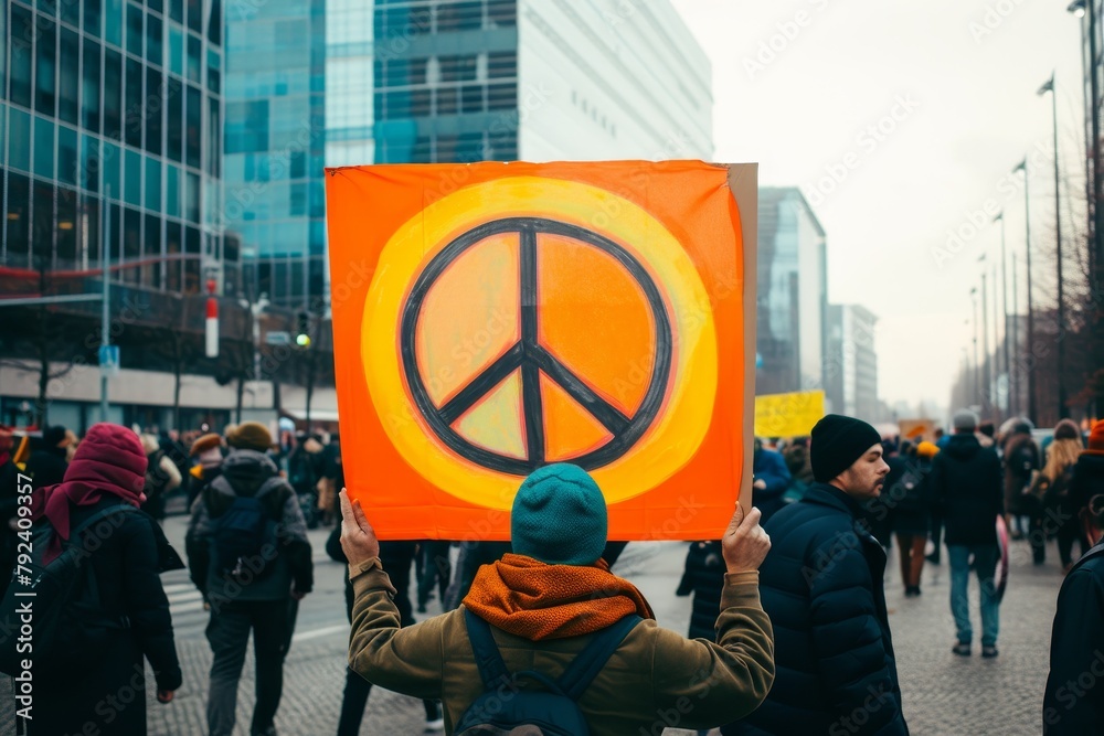 Someone displays a peace sign banner during a demonstration Stock Photo ...