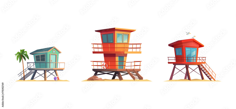 Set of summer lifeguard houses on the sandy beach. Isolated on white ...
