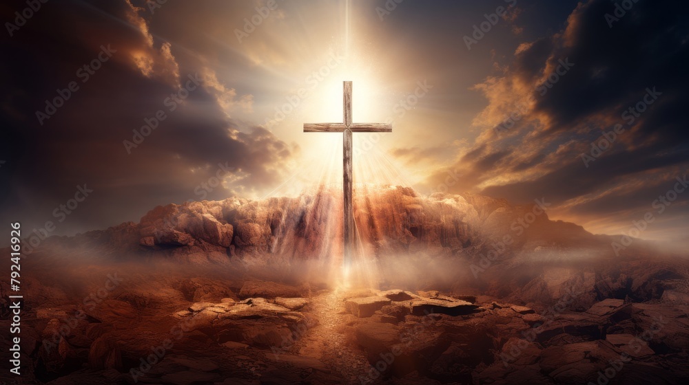 Epic cinematic concept art of Jesus on the cross at sunset Stock ...