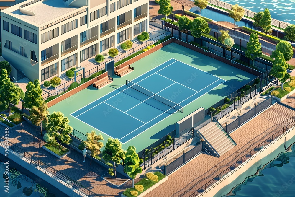 Isometric Tennis Court by the Water: Offering a unique perspective of a ...