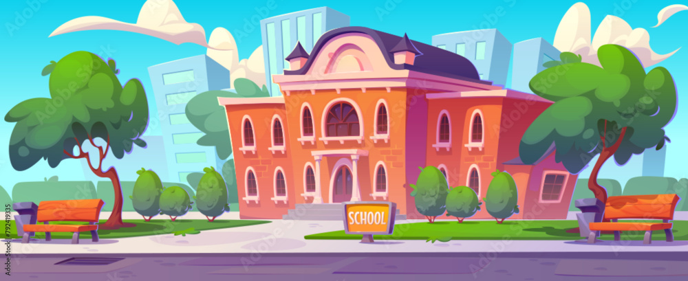 School building and outside yard cartoon background. City university ...