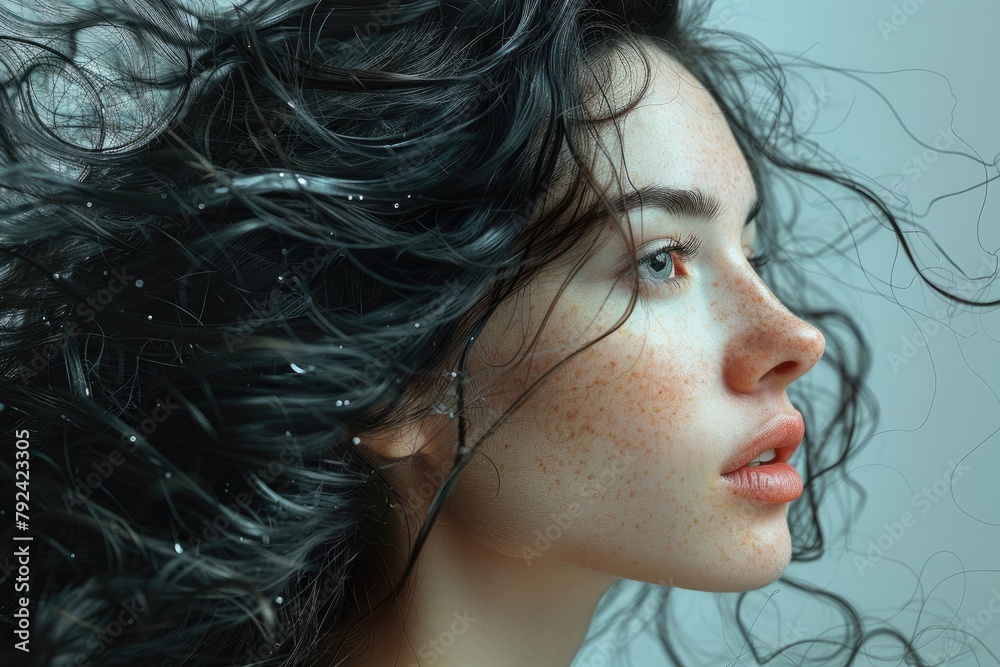 The dynamic motion of hair being tossed, capturing the volume and style ...