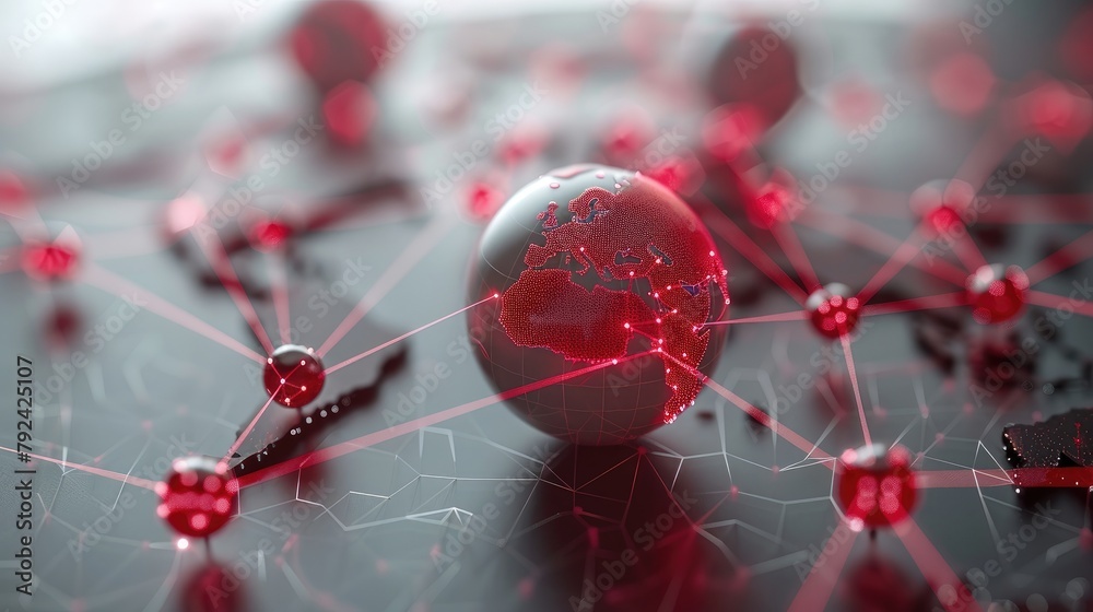 A matrix of glowing nodes and lines envelops the world globe ...