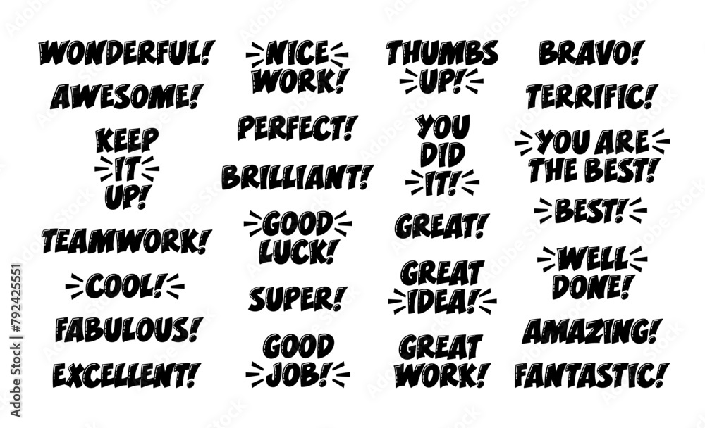 Good Work, Well Done Complement Phrases Set. Motivational Inspirational ...