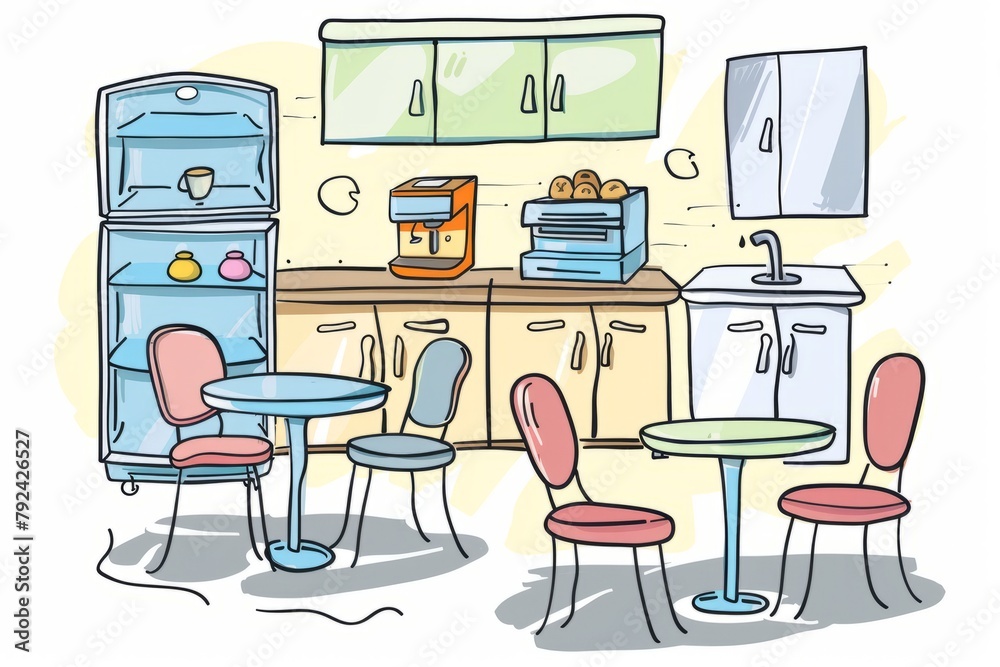 Cartoon cute doodles of a break room with empty tables and chairs, a ...
