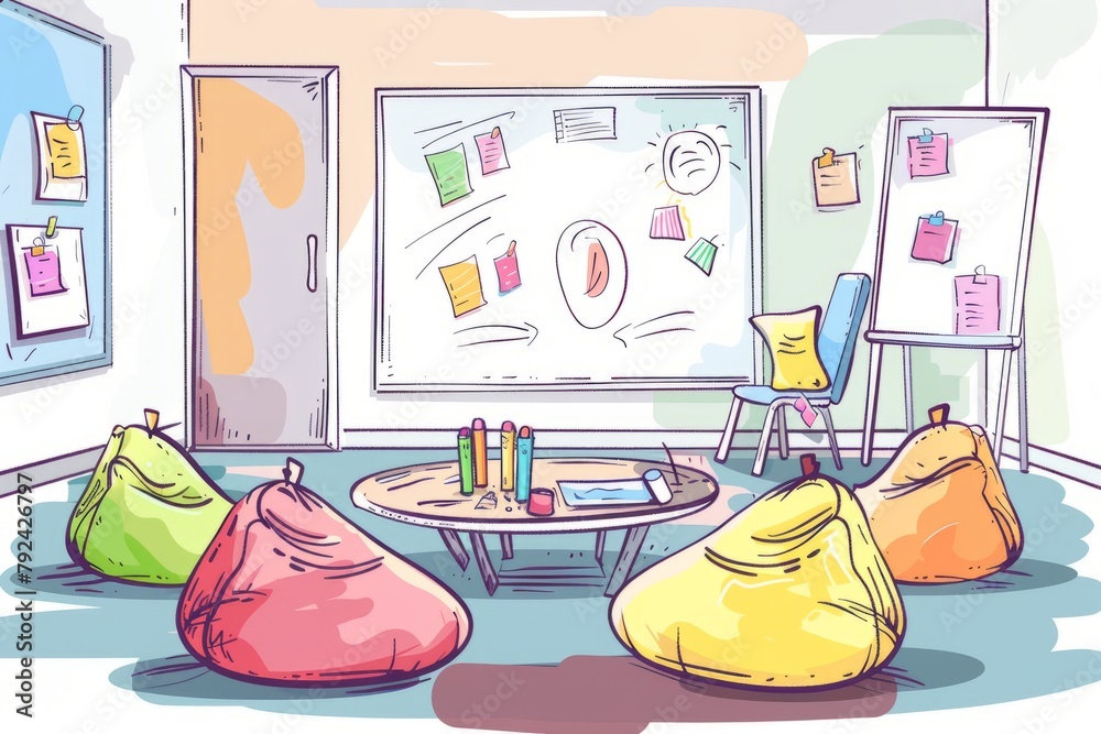 Cartoon cute doodles of an empty brainstorming room with whiteboard ...