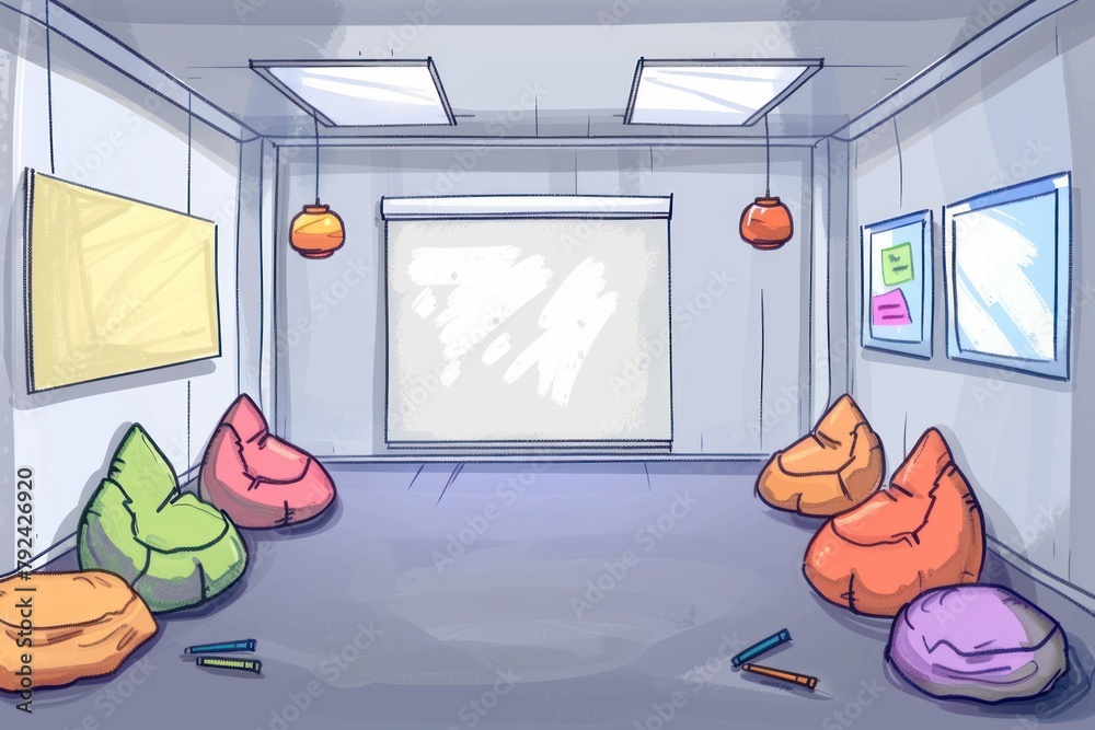 Cartoon cute doodles of an empty brainstorming room with whiteboard ...